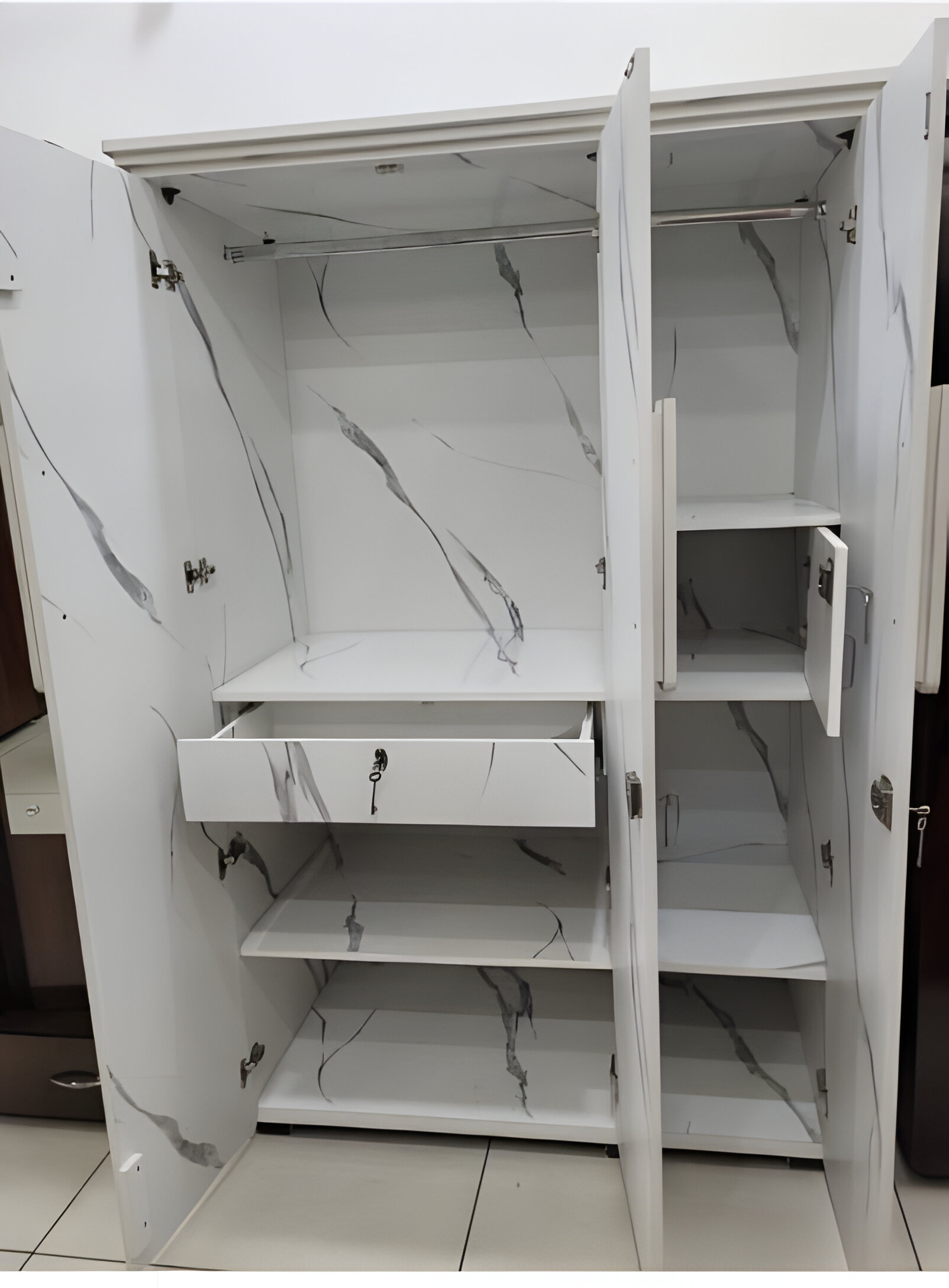 Wooden Brand New 3 Door White marble Finish Wardrobe By Wood Planet ...